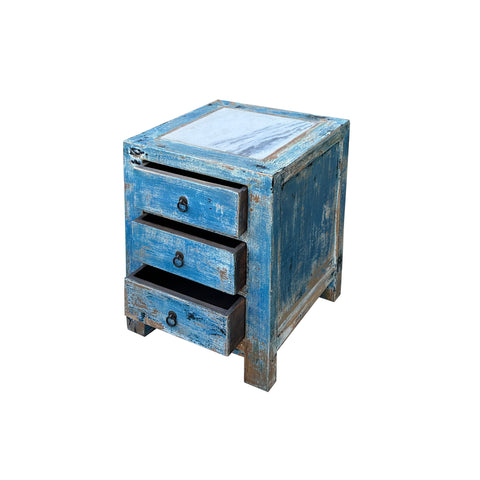 Distressed Bright Blue 3 Drawers Stone Top End Table Nightstand Chest ...