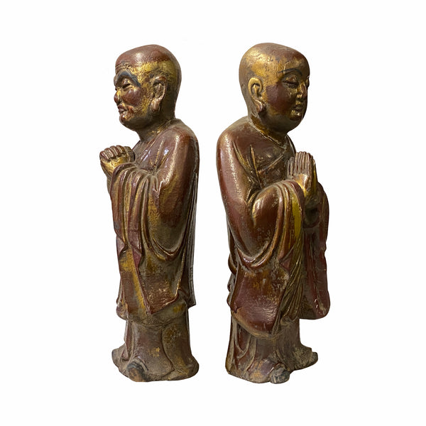 Hand-Crafted Wooden Lohan Arhat Monk Statues Pair Antique Buddhist Gua ...