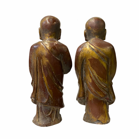 Hand-Crafted Wooden Lohan Arhat Monk Statues Pair Antique Buddhist Gua ...