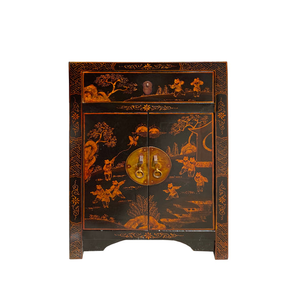 Handmade Solid Wood Chinese Distressed Black Copper Scenery Graphic En ...
