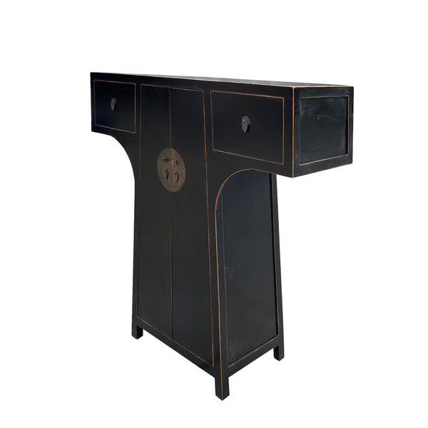 Chinese Moon Face T-Shape Black Lacquer Drawers Side Table Cabinet cs7 ...