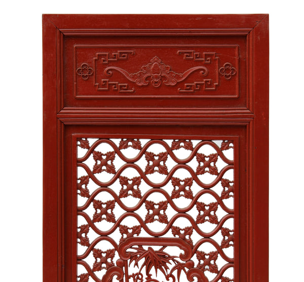 Chinese Red Paint Geometric Flower Bird Accent Narrow Floor Panel Head ...