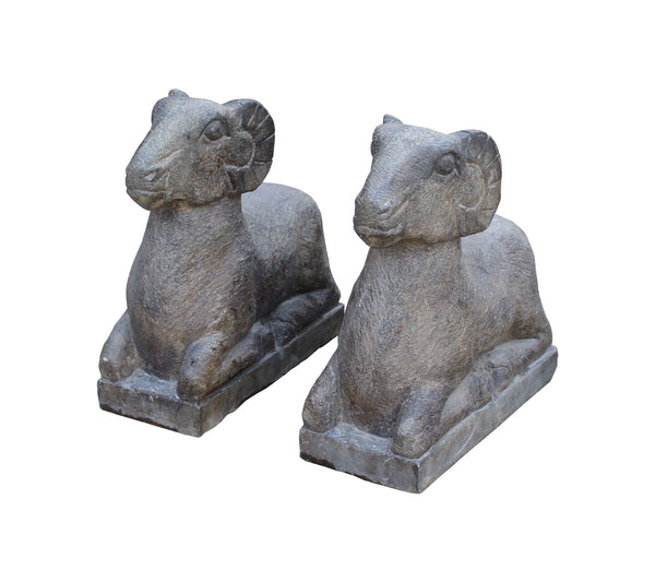 Chinese Pair Vintage Look Gray Color Crouching Ram Stone Statues cs412 ...