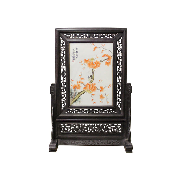 Chinese Wood Frame Porcelain Plaque Table Top Screen Display cs4384S ...