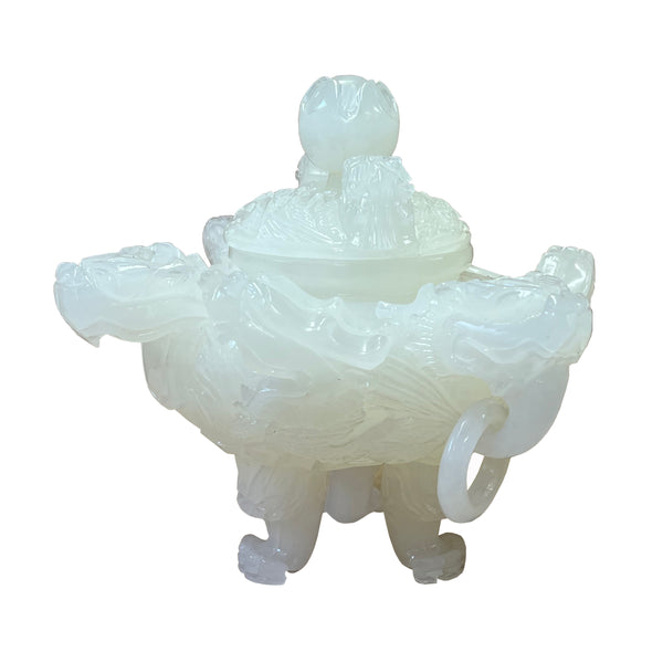 Chinese White Stone Carved Oriental Dragon Incense Burner Holder Displ ...
